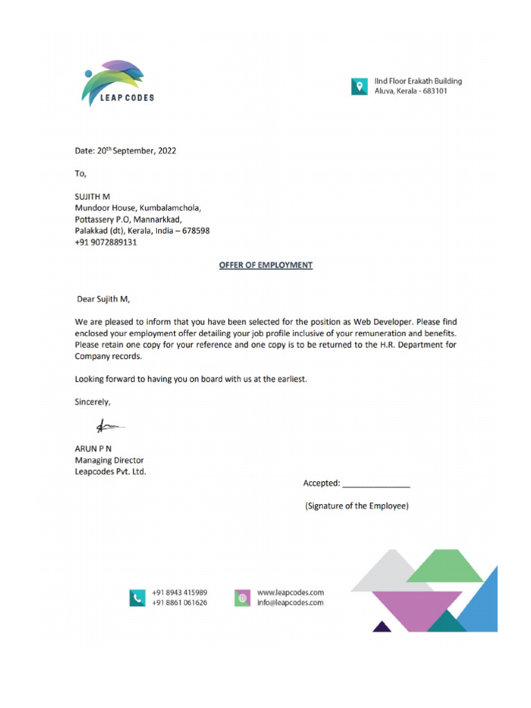Offer Letter - Sujith | PDF