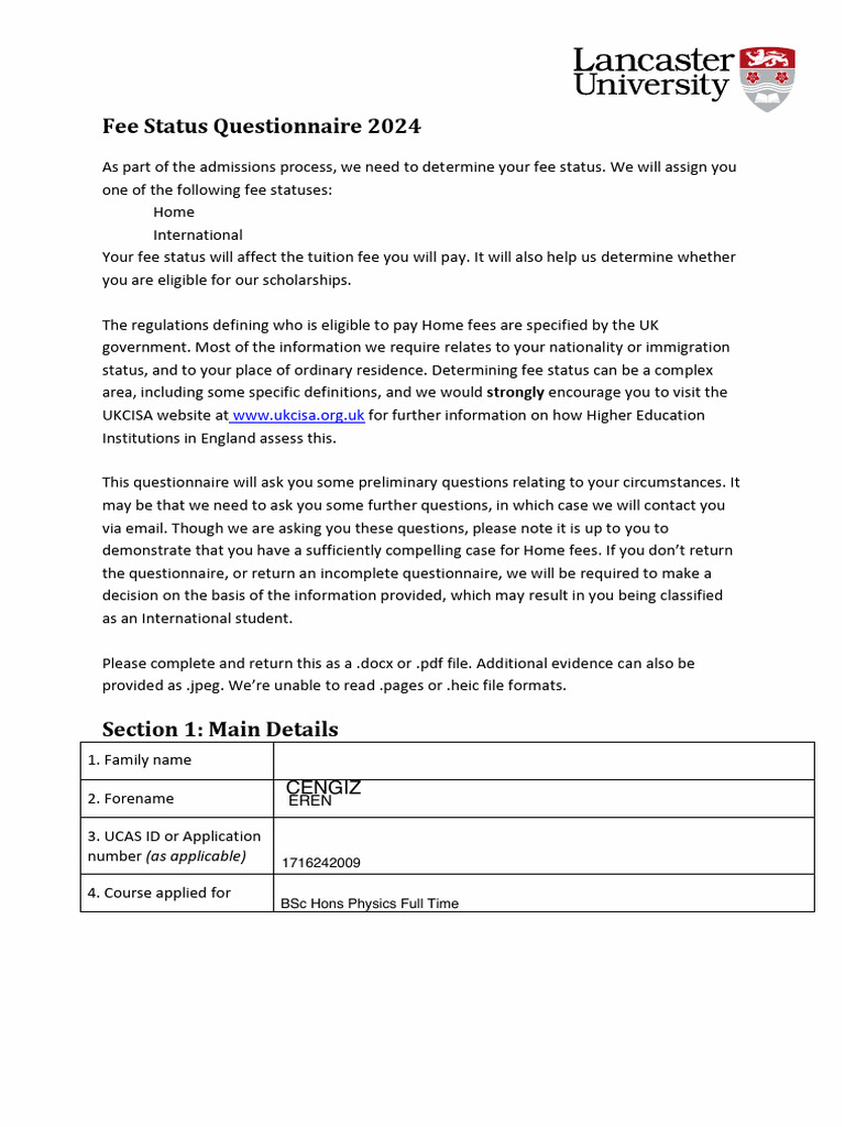Fee Status Questionnaire 2024 | PDF | Cultural Globalization ...
