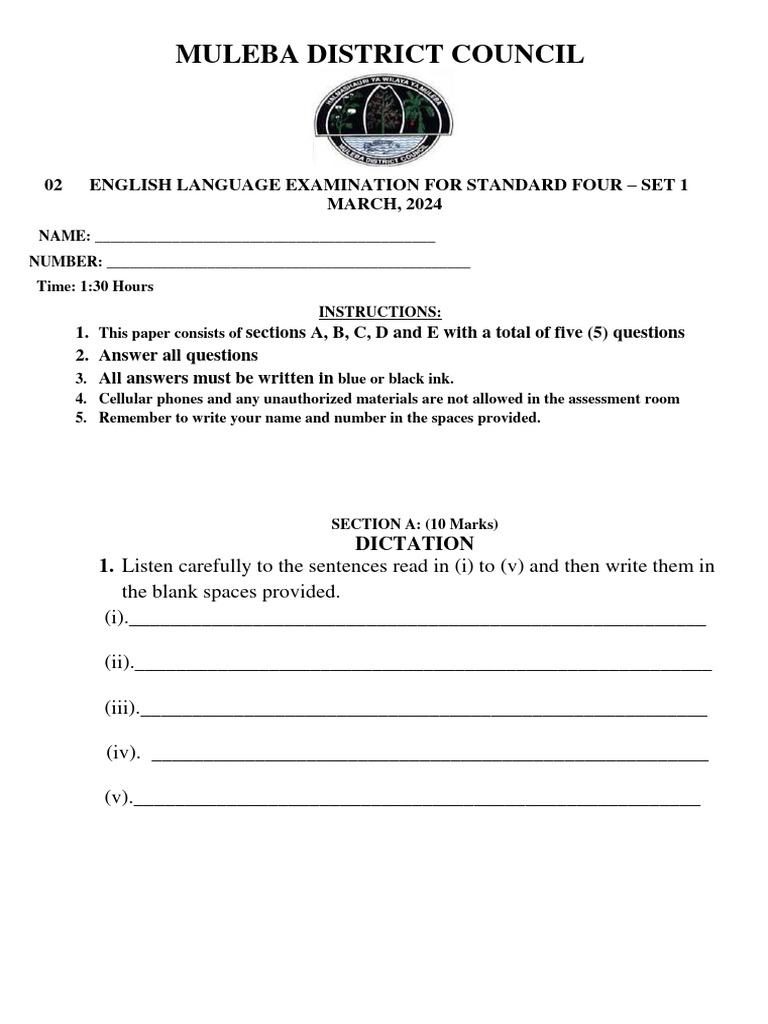 English IV Muleba Set One 2024 | PDF