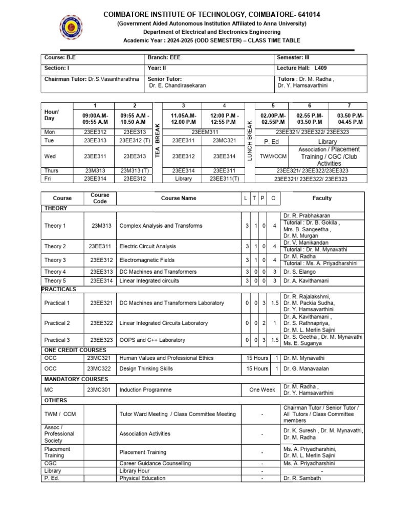 Time Table-III Semester | PDF | Electrical Engineering | Physical Sciences