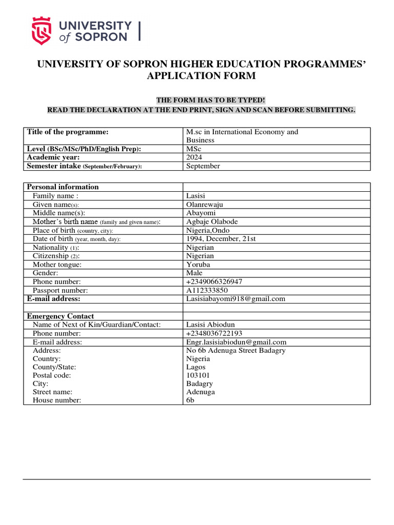 Application - Form 2023-24 - OLANREWAJU | PDF | Bachelor Of Science ...