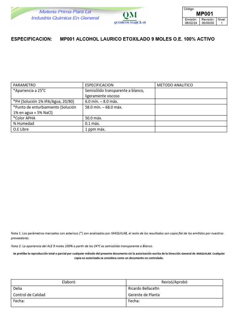Especificación Alcohol Laurico 9 Moles | PDF