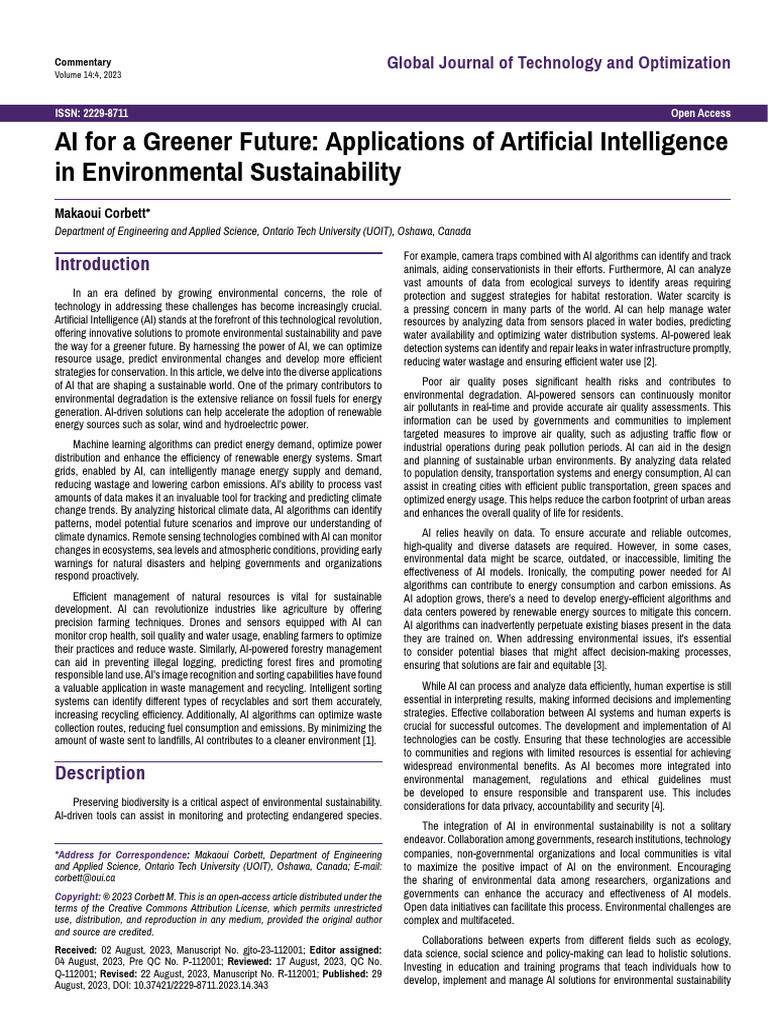 Ai For A Greener Future Applications of Artificial Intelligence in Environmental Sustainability ...