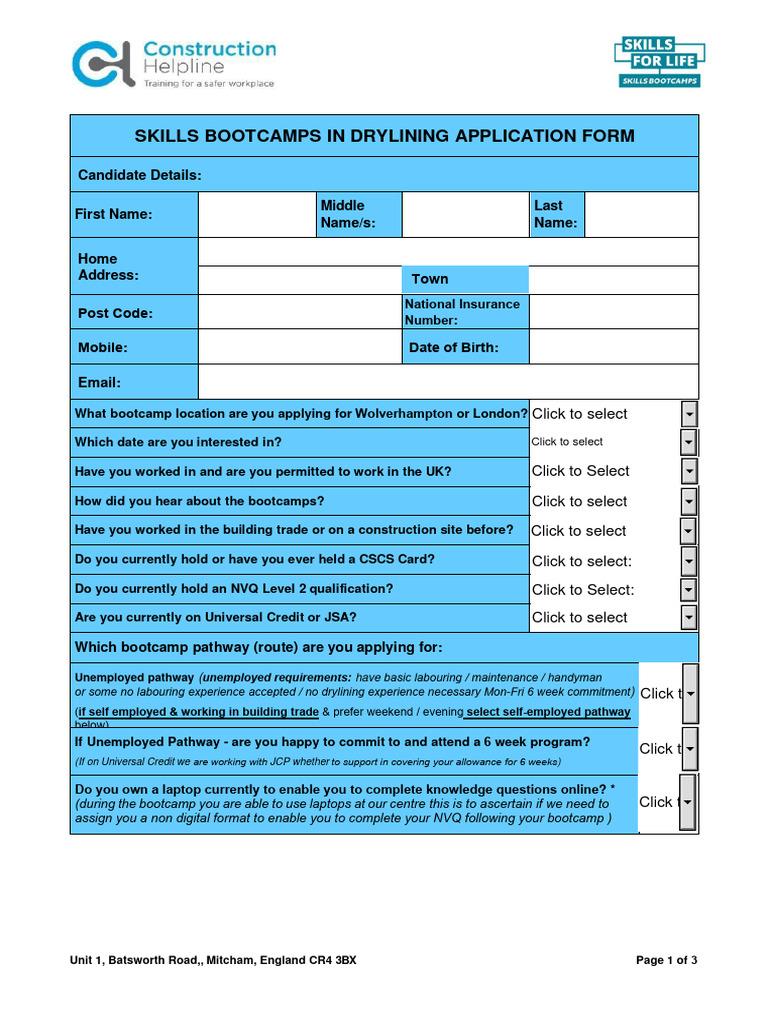 Skills Bootcamps in Drylining Application Form: Candidate Details ...
