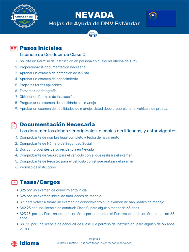 DMV Cheat Sheet Nevada Es Auto Estandar | PDF | Tráfico | Vehículos