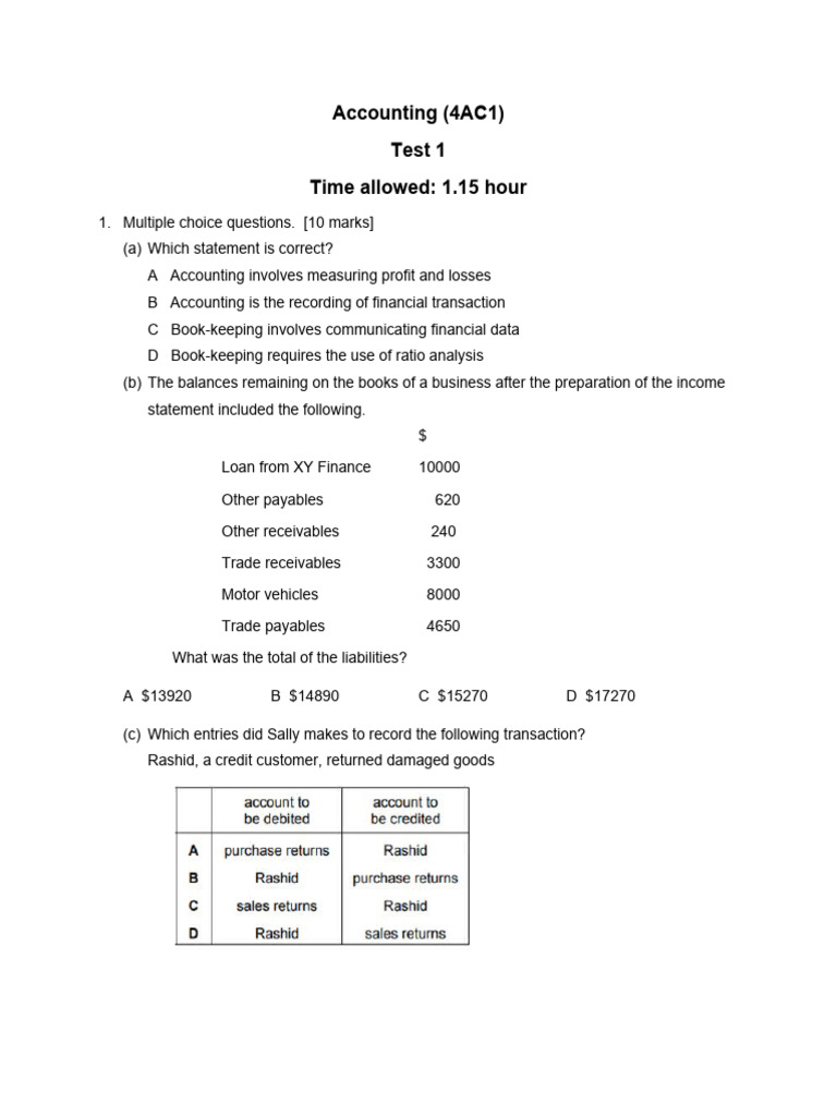 Accounting Test 1 Edexcel | PDF | Debits And Credits | Bookkeeping