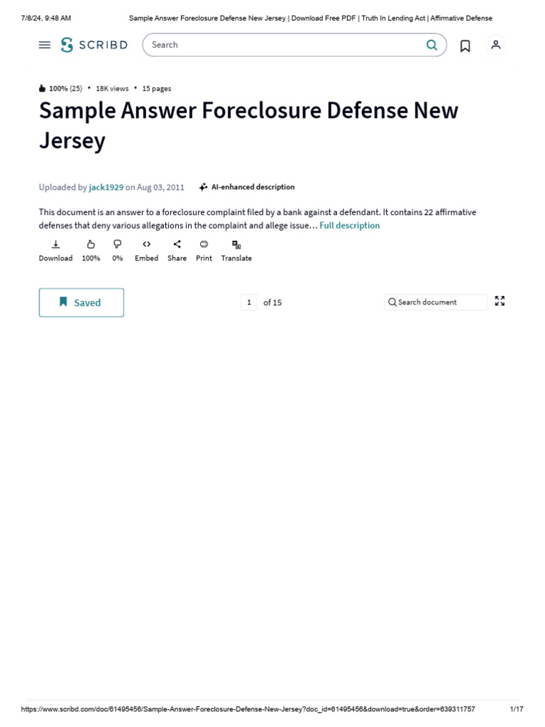 Sample Answer Foreclosure Defense New Jersey - Download Free PDF ...