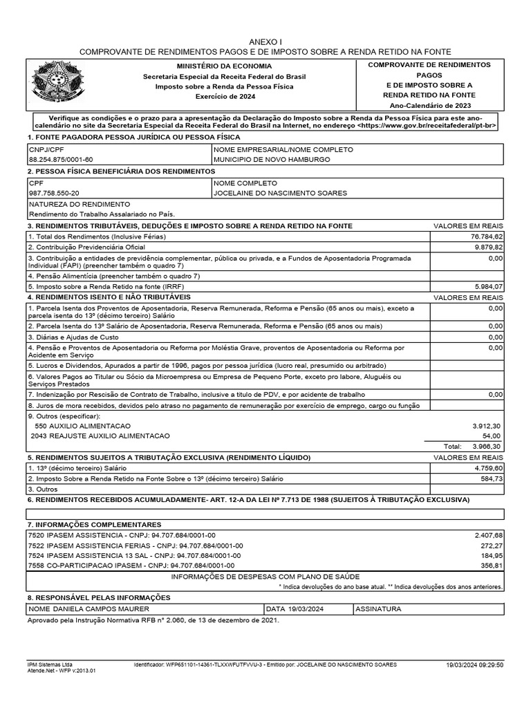 Anexo I Comprovante de Rendimentos Pagos E de Imposto Sobre A Renda Retido Na Fonte | PDF ...