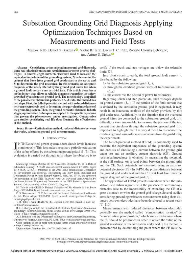 Substation Grounding Grid Diagnosis Applying Optimization Techniques Based On Measurements and ...