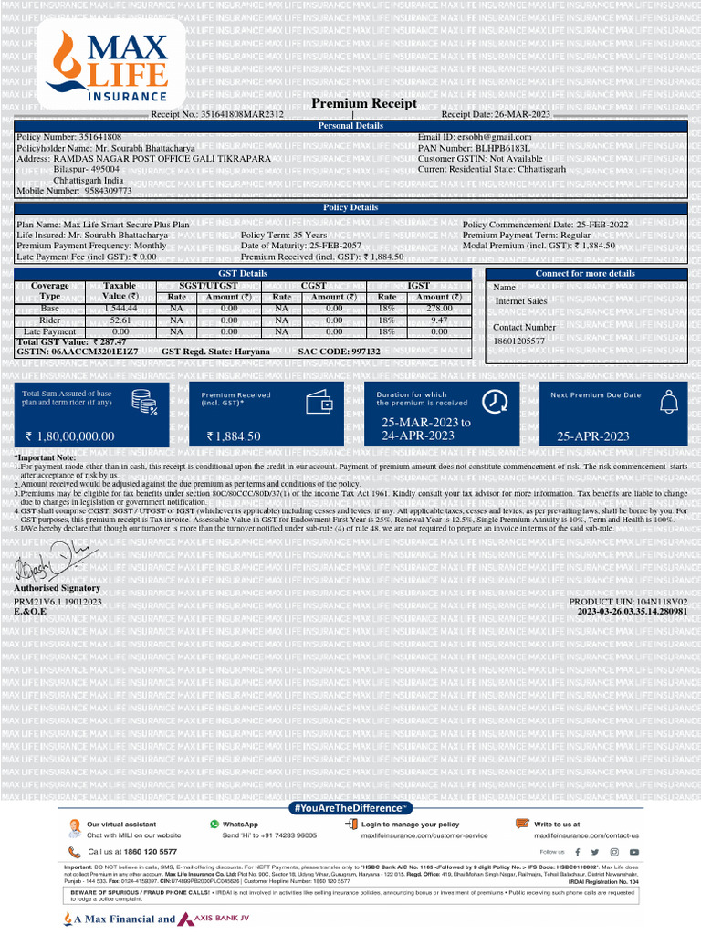 Premium Receipt: 1,80,00,000.00 1,884.50 25-MAR-2023 To 24-APR-2023 25 ...