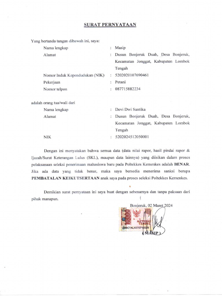 SURAT PERNYATAAN DEVI DWI SANTIKA | PDF