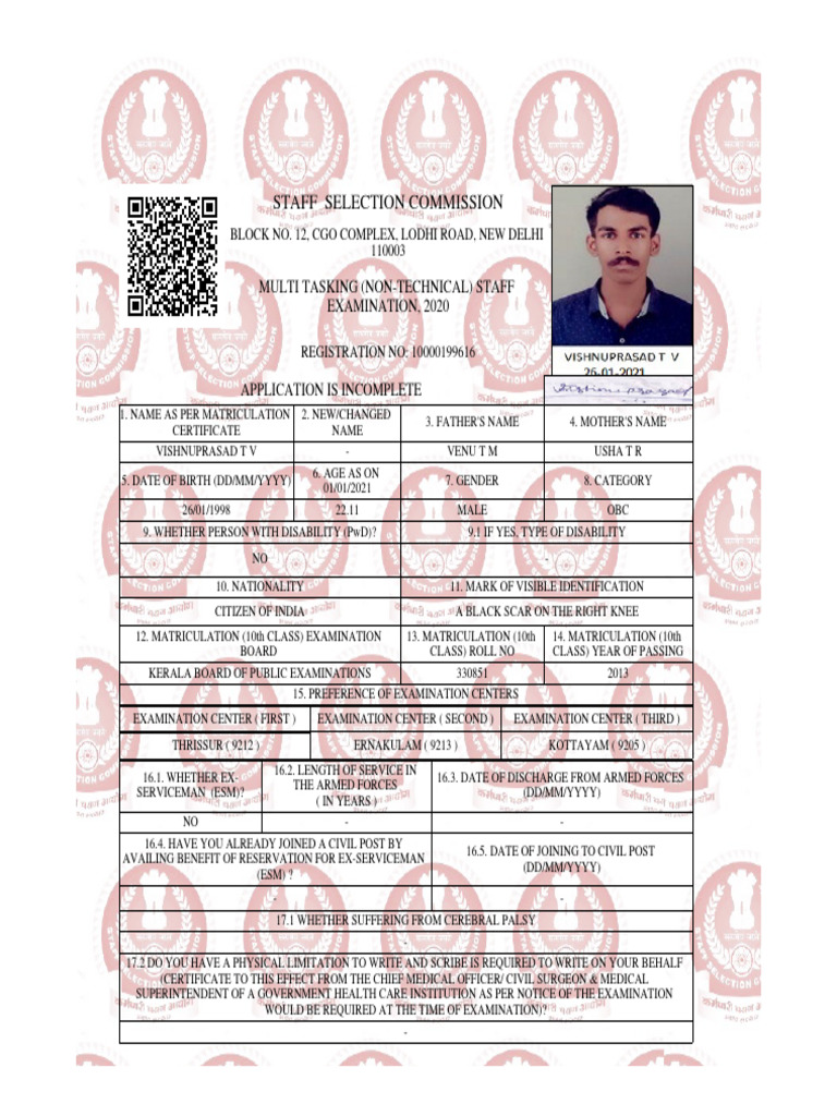 Incomplete SSC MTS Application Notice | PDF