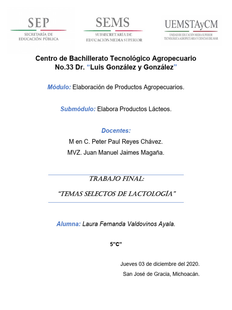 Trabajo Final Lacteos - FV. | PDF | Leche | Productos lácteos
