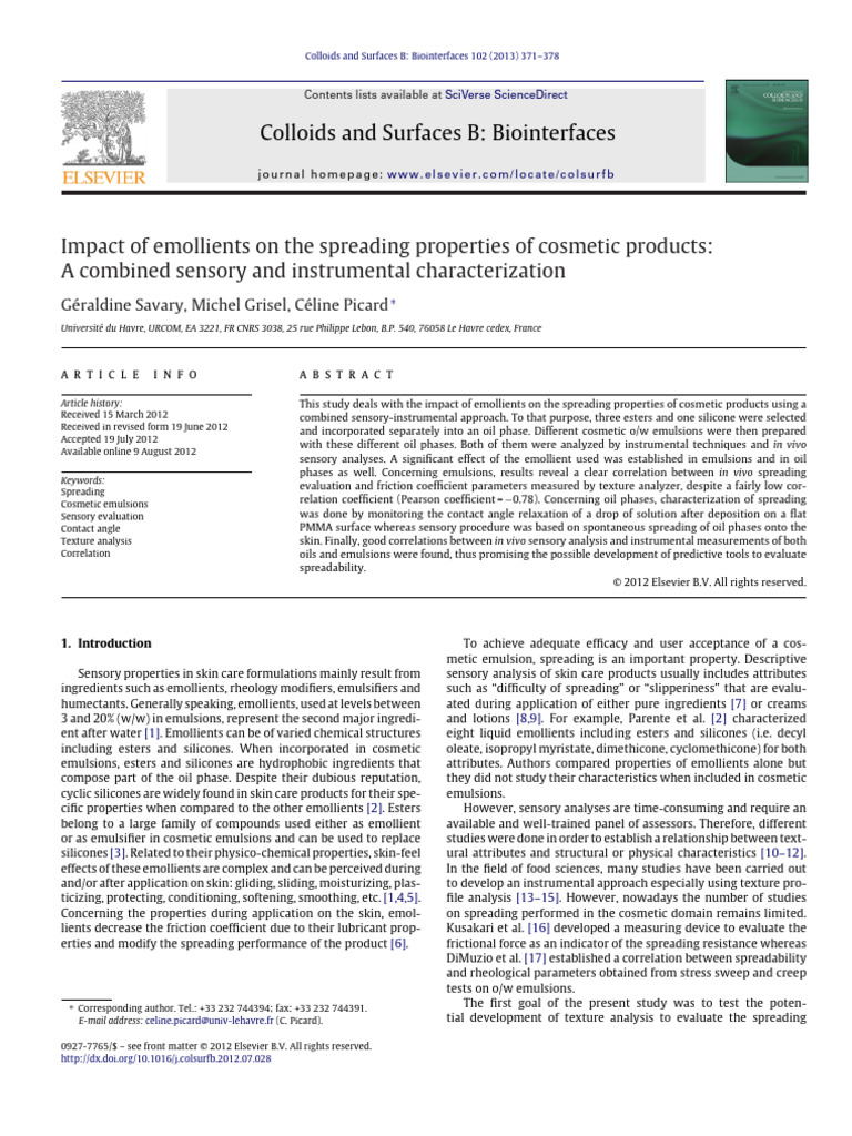 Impact of emollients on the spreading properties of cosmetic products ...