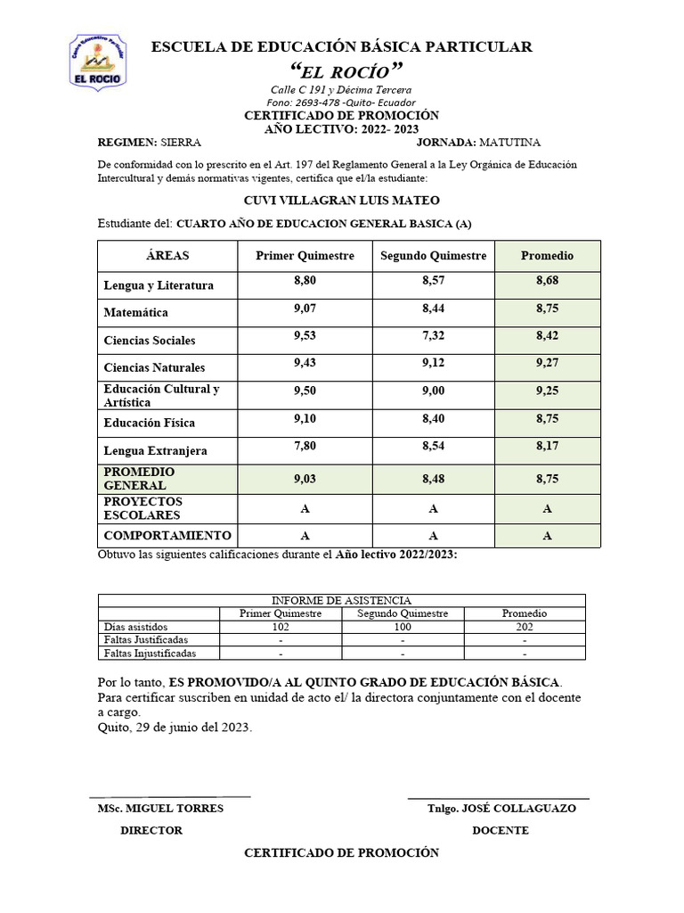 Certificado de Promoción Escolar 2023 | PDF | Etapas educativas ...