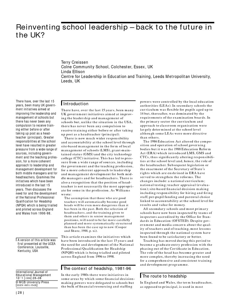 Reinventing School Leadership - Back To The Future in The UK? | PDF ...