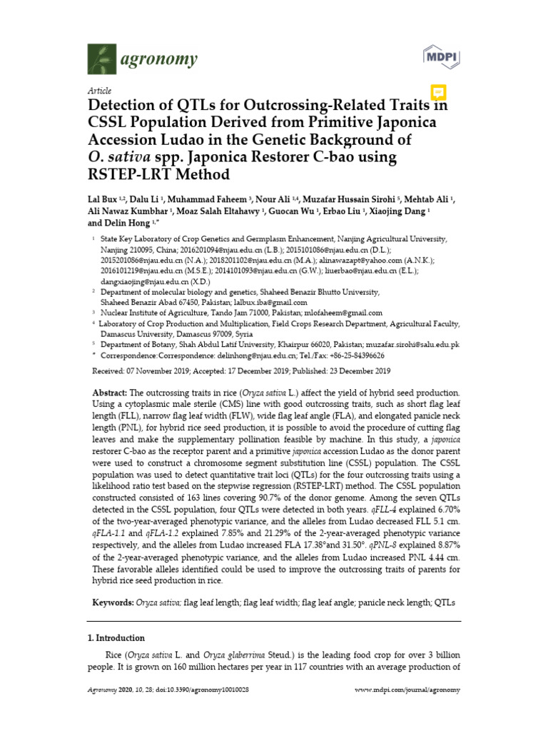 Detection of QTLs For Outcrossing Related Traits in CSSL Polution | PDF ...