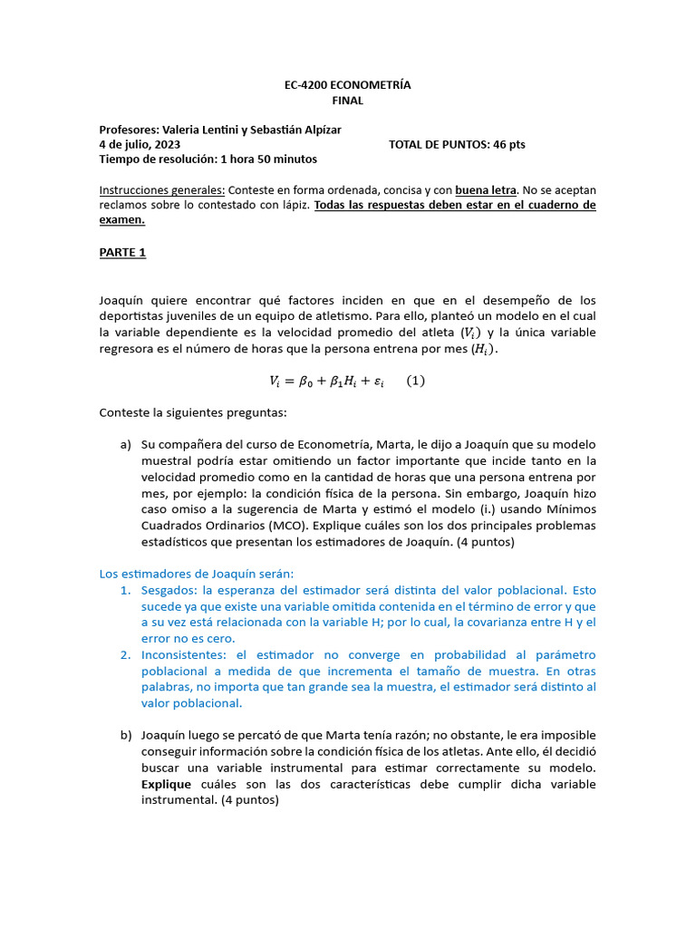 Examen Econometría | PDF | Mínimos cuadrados ordinarios | Teoría de la ... Examen Econometría | PDF | Mínimos cuadrados ordinarios | Teoría de la ...