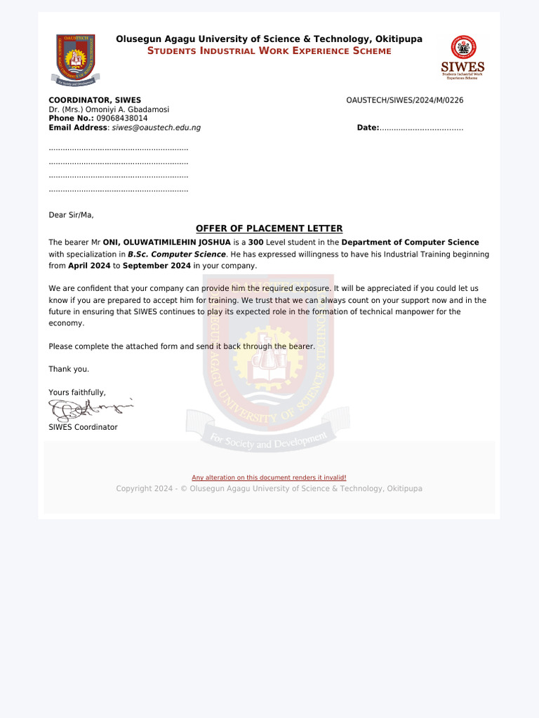 CSC-20-084 - 2023-2024 - 300 SIWES Offer of Placement of Industrial ...