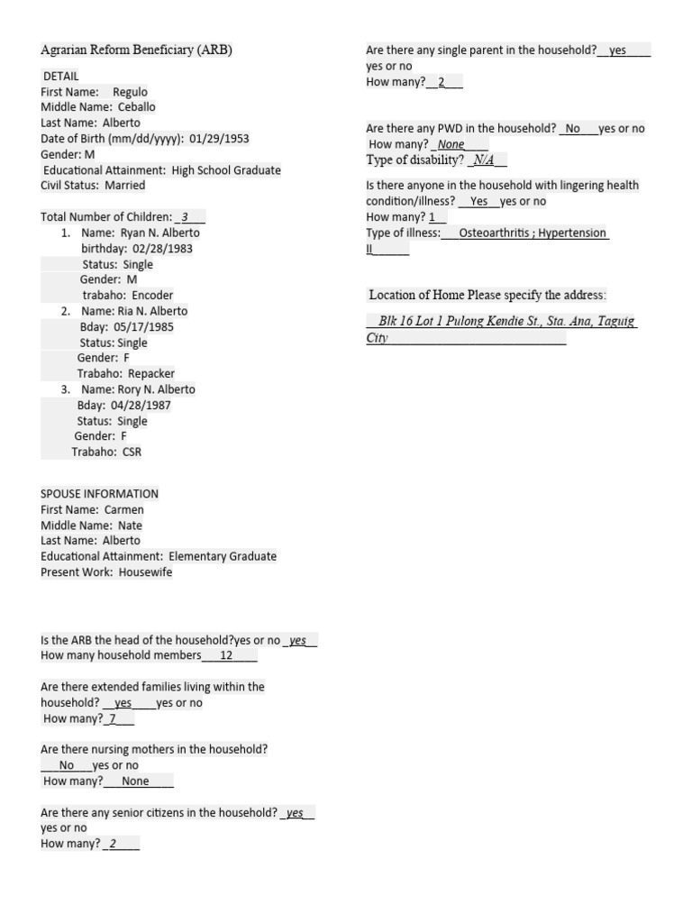 Agrarian Reform Beneficiary Profile: Regulo Alberto | PDF