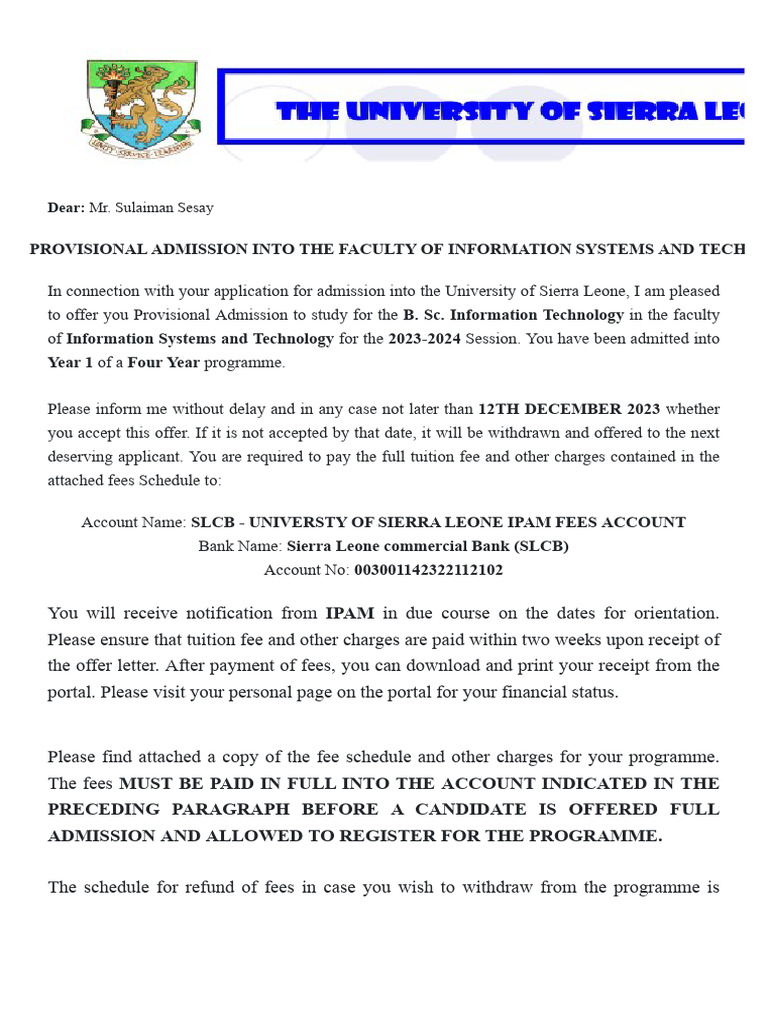 Https:/portal Usl Edu sl/Letters/uslappofferLetter | PDF | Fee | Payments