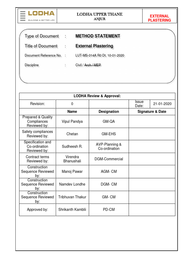 Ut - Method Statement - External Plastering | PDF | Concrete | Plaster
