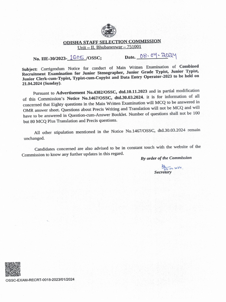 Corrigendum Notice For Conduct of Main Written Exam | PDF