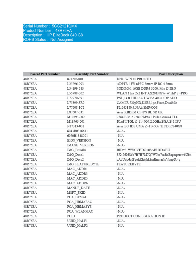 Serial Number: 5Cg2121Qmx Product Number: 48R76Ea Description: HP ...