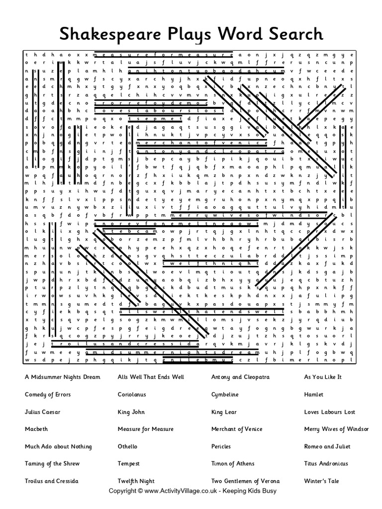 Shakespeare Plays Word Search Answers | PDF | Plays | British Drama