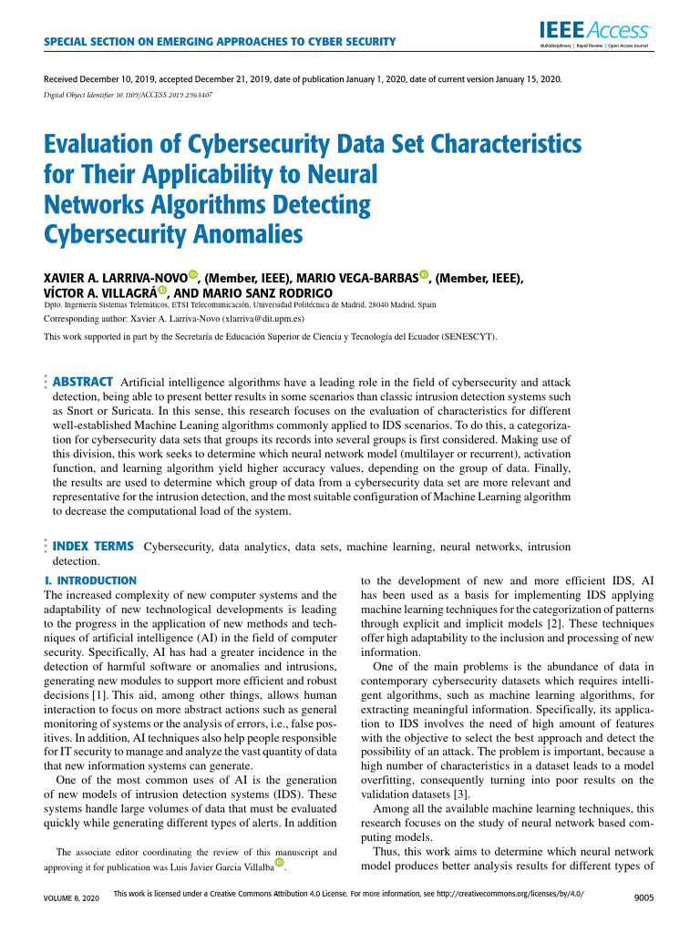 Evaluation of Cybersecurity Data Set Characteristics For Their Applicability To Neural Networks ...