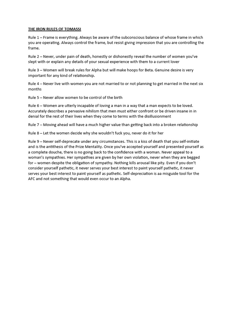 The Iron Rules of Tomassi Explained | PDF | Self-Improvement