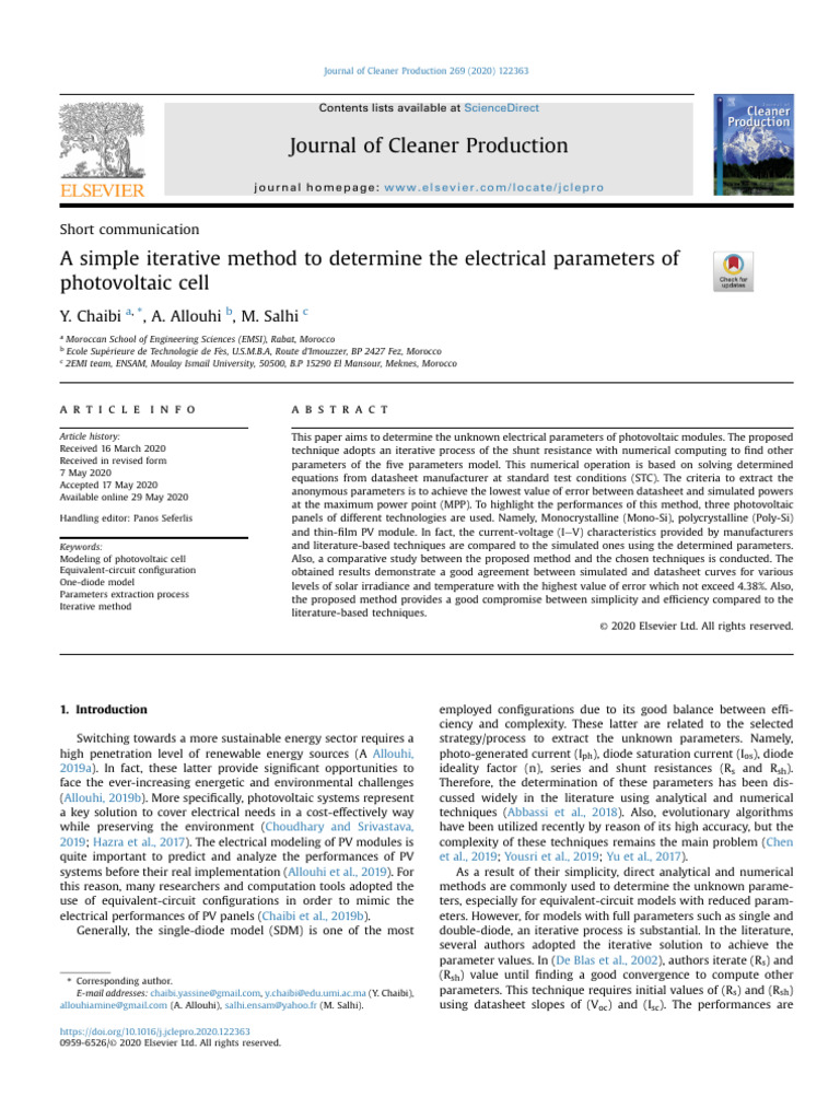 Chaibi - A Simple Iterative Method To Determine The Electrical Parameters of | PDF ...