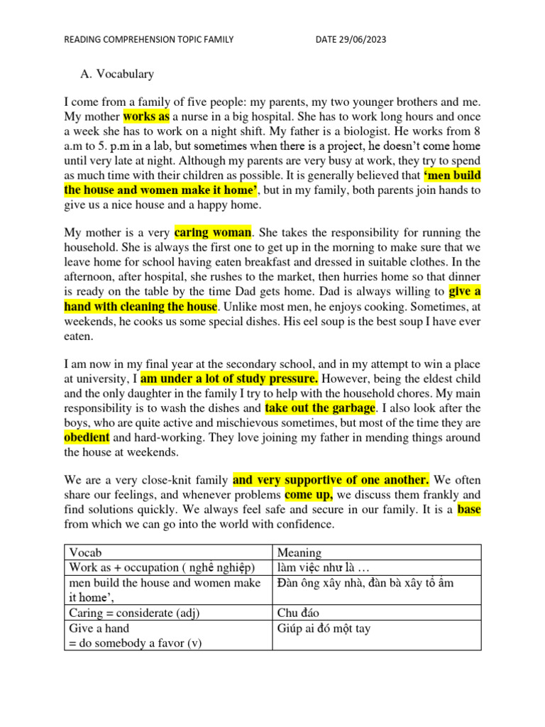 Reading Comprehension topic Family pdf | PDF