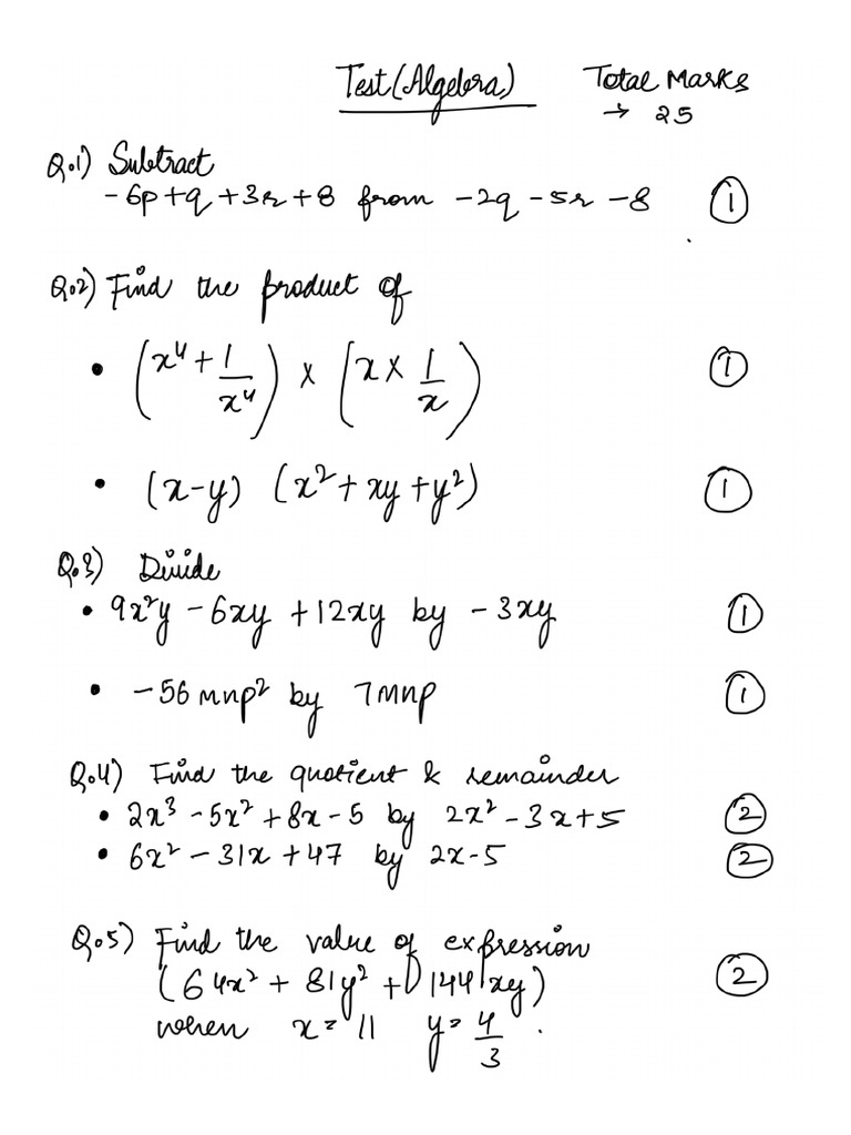 Test (Algebra) Total Marks | PDF