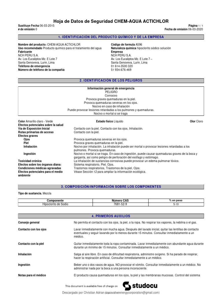 CHEM AQUA 999 Hds Pendientes | PDF | Quemar | Hidrógeno