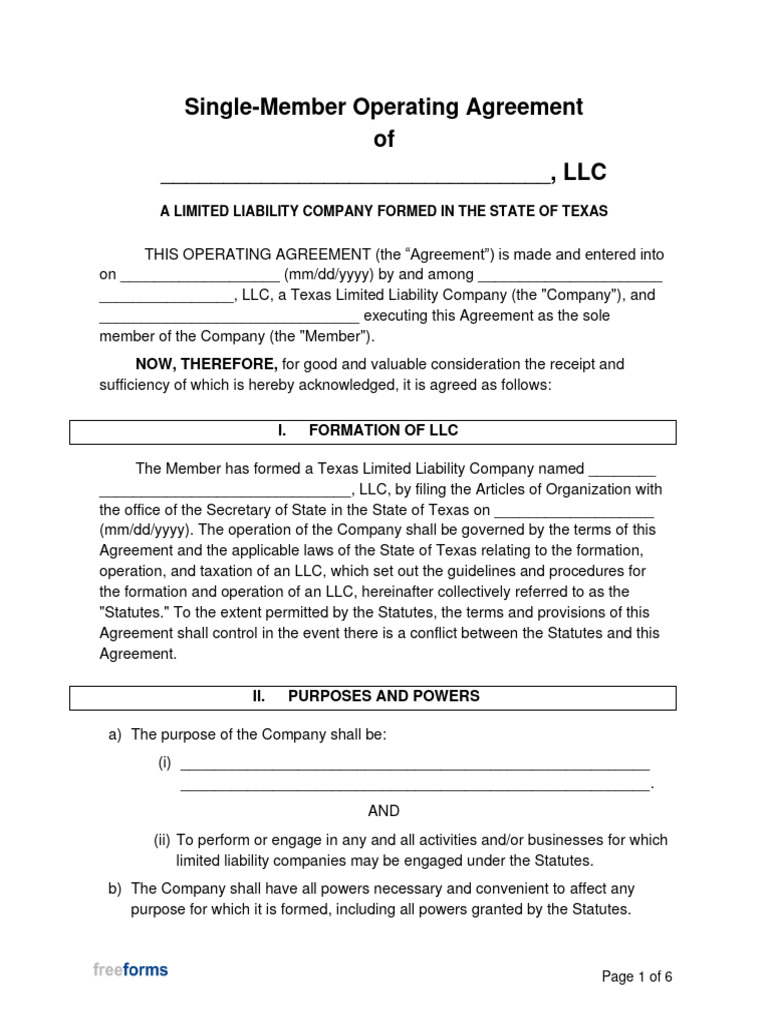 Texas Single Member LLC Operating Agreement Form | PDF | Limited ...