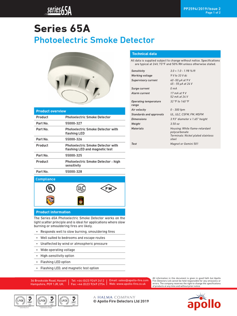 PP2594 Series 65A Photoelectric Smoke Detector | PDF | Relay | Smoke