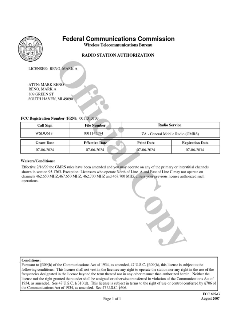 GMRS Radio Station License for Mark Reno | PDF