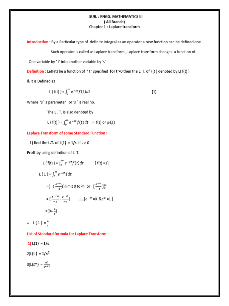 Sub.: Engg. Mathematics Iii (All Branch) Chapter 1: Laplace Transform | PDF | Function ...