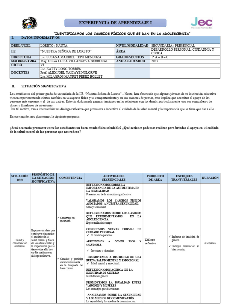 I° Sec. - I EXPERIENCIA DE APRENDIZAJE - I BIMESTRE - 1 ° SEC. DPCC 2023 | PDF | La sexualidad ...
