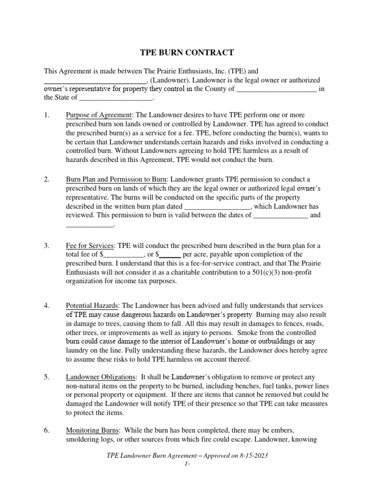 TPE Burn Contract Form 8-15-2023 | PDF | Fires