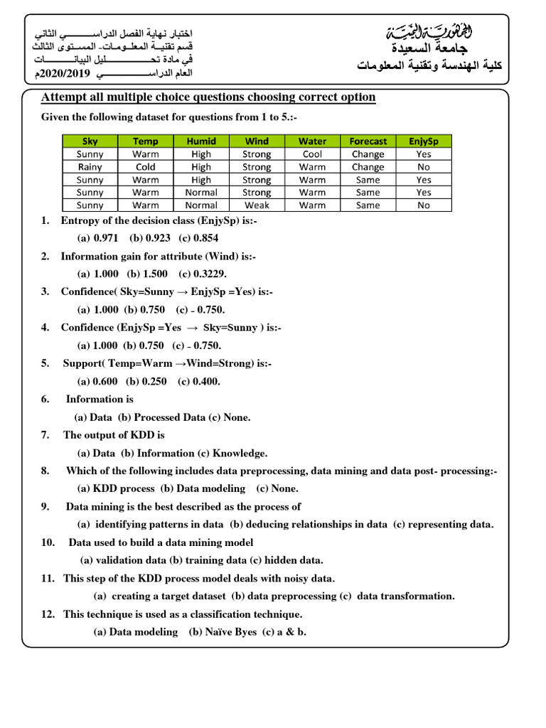 تنقيب البيانات2020 السعيدة النموذج الاصلي | PDF | Data Mining ...