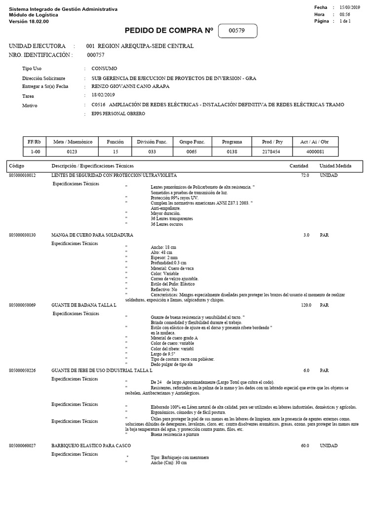 Pedido de Compra 579 EPP's Guardianes | PDF | Guante | Textiles
