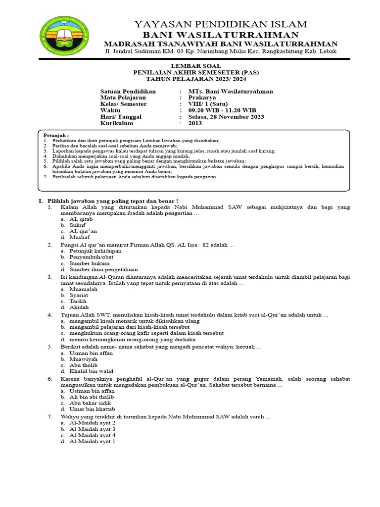 Soal Pas Akidah Akhlaq Smester 1 KLS 8 2023-2024 | PDF