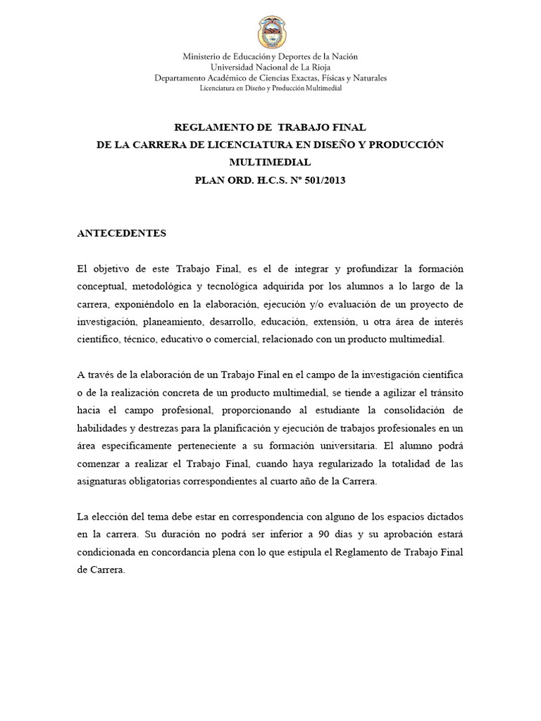 Reglamento de Trabajo Final - R3 | PDF | Maestros | Diseño