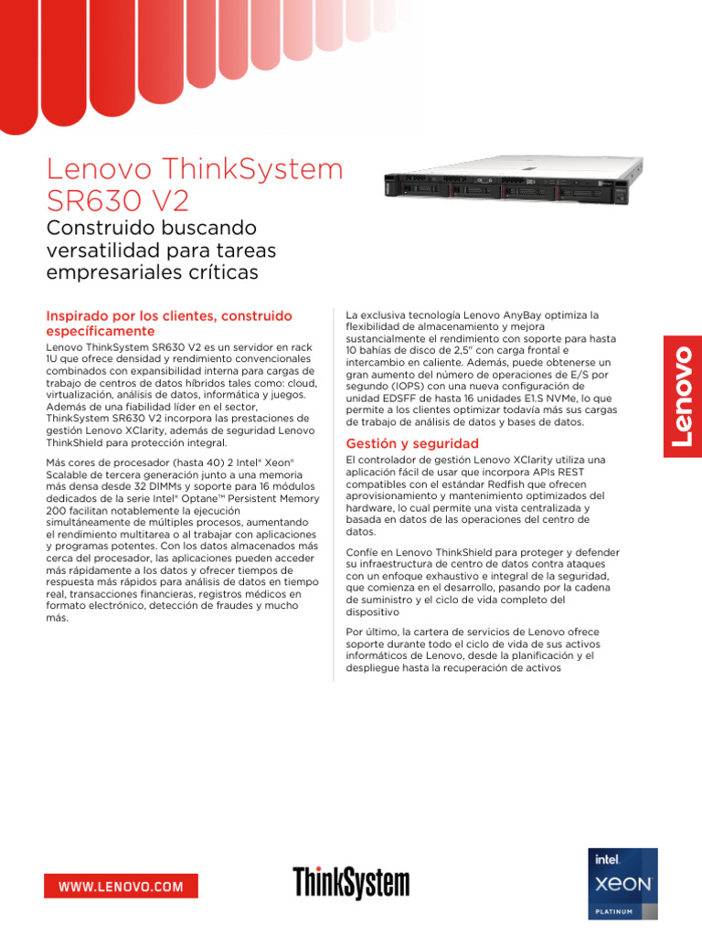 Lenovo ThinkSystem SR630 V2 Datasheet | PDF | Lenovo | Microprocesador
