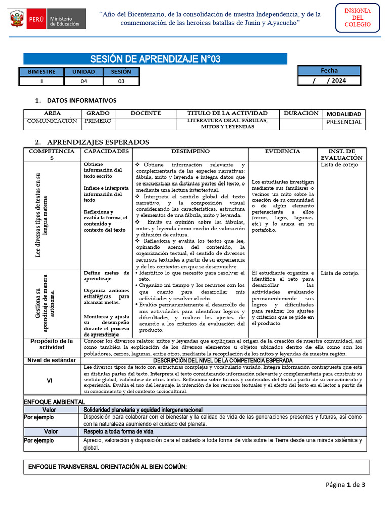 Comunicación 1° - S.A Literat. Oral | PDF | Maestros | Aprendizaje