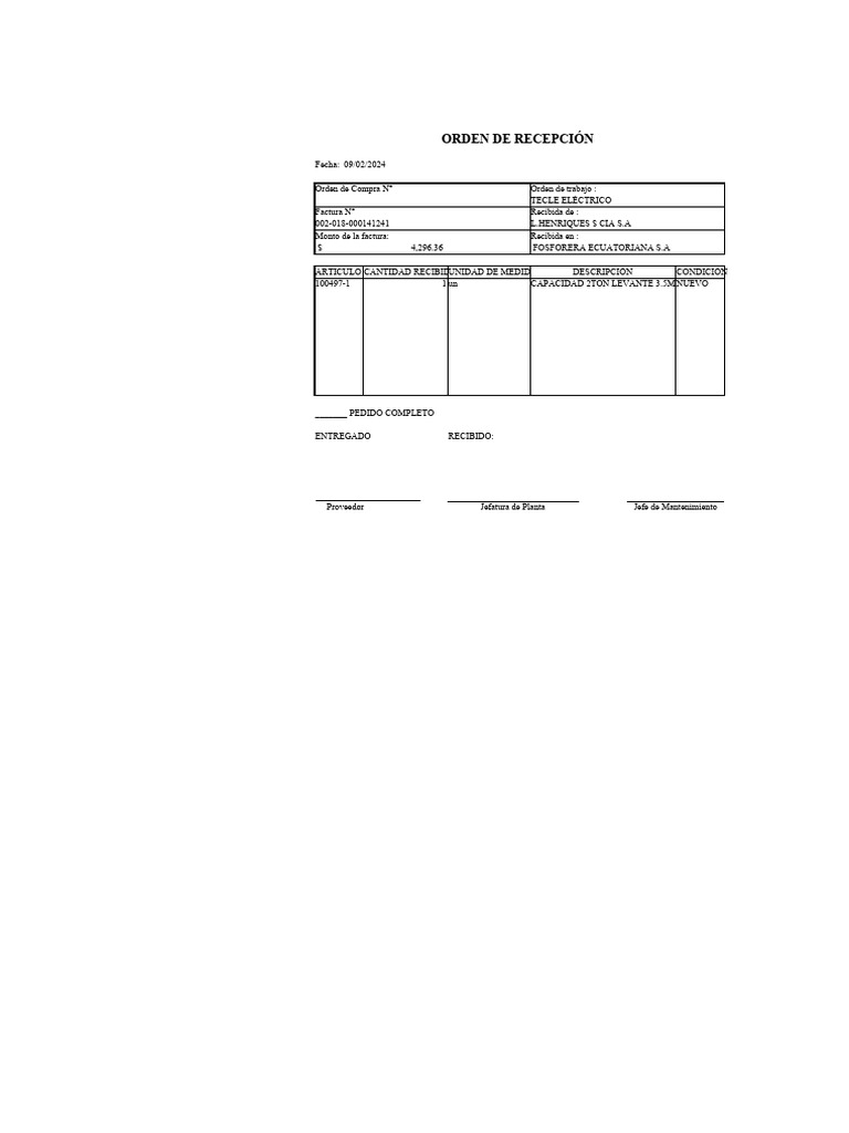 Orden de Recepción | PDF