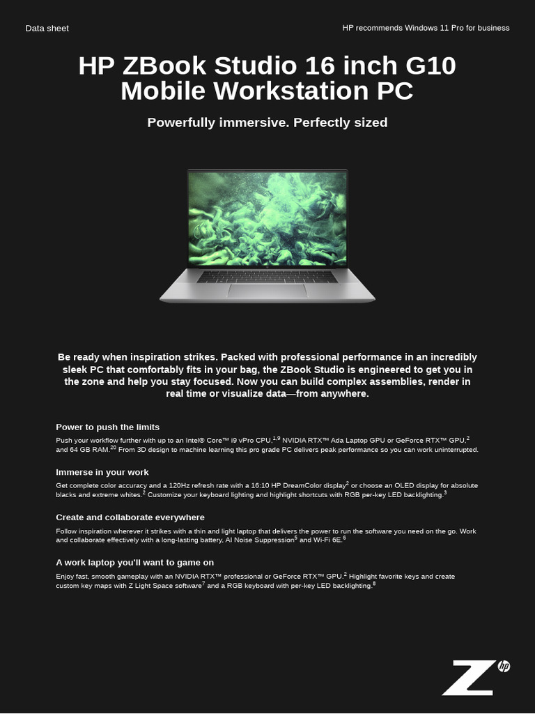 HP ZBook Studio G10 Mobile Workstation Datasheet | PDF | Windows 10 ...