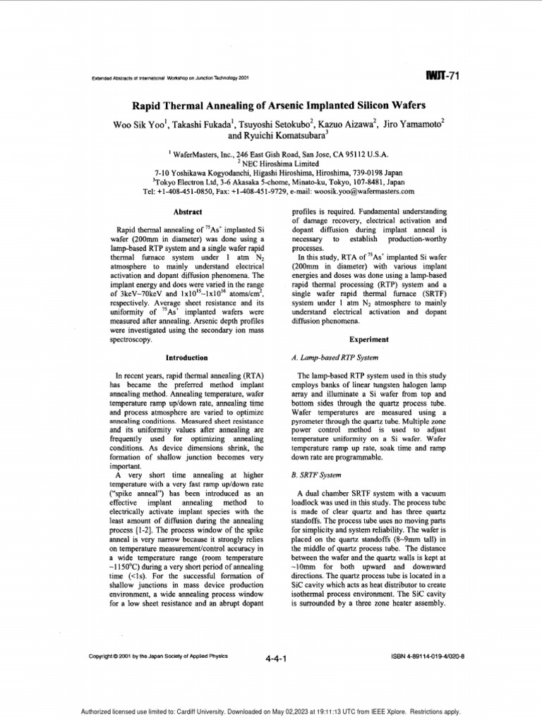 Rapid Thermal Annealing of Arsenic Implanted Silicon Wafers | PDF ...